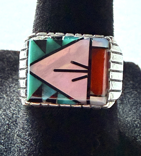 Vtg Native American Zuni Multi-Stone Inlay Ring Sz 7.75 Geometric ...