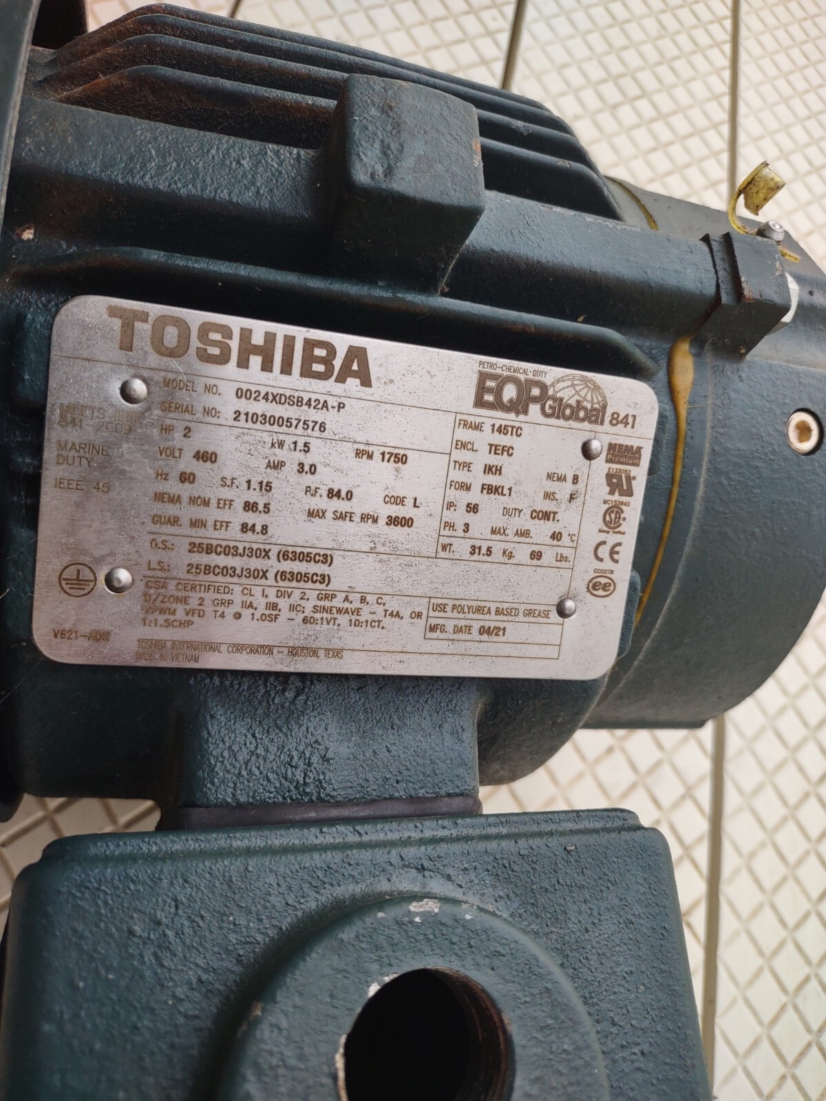 TOSHIBA EQP GLOBAL 841 MOTOR 0024XDSB42A-P, 2 HP, MAX 3600 RPM, 460 V ...