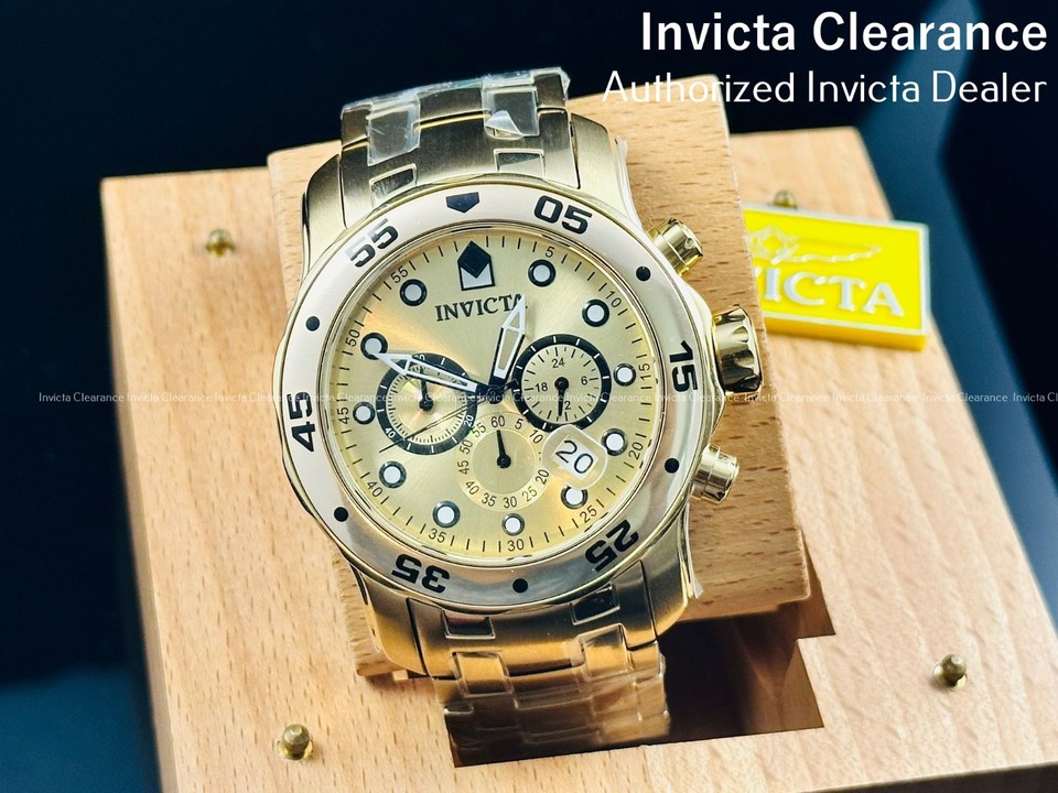 Invicta Pro Diver Scuba 18K Gold Plated Gold Dial Chrono SS Mens ...