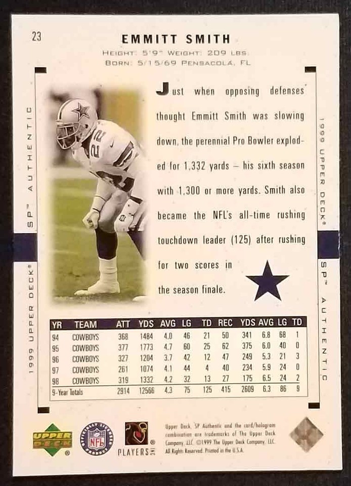 1999 SP Authentic #23 Emmitt Smith Dallas Cowboys (HOF) NM-MINT | eBay
