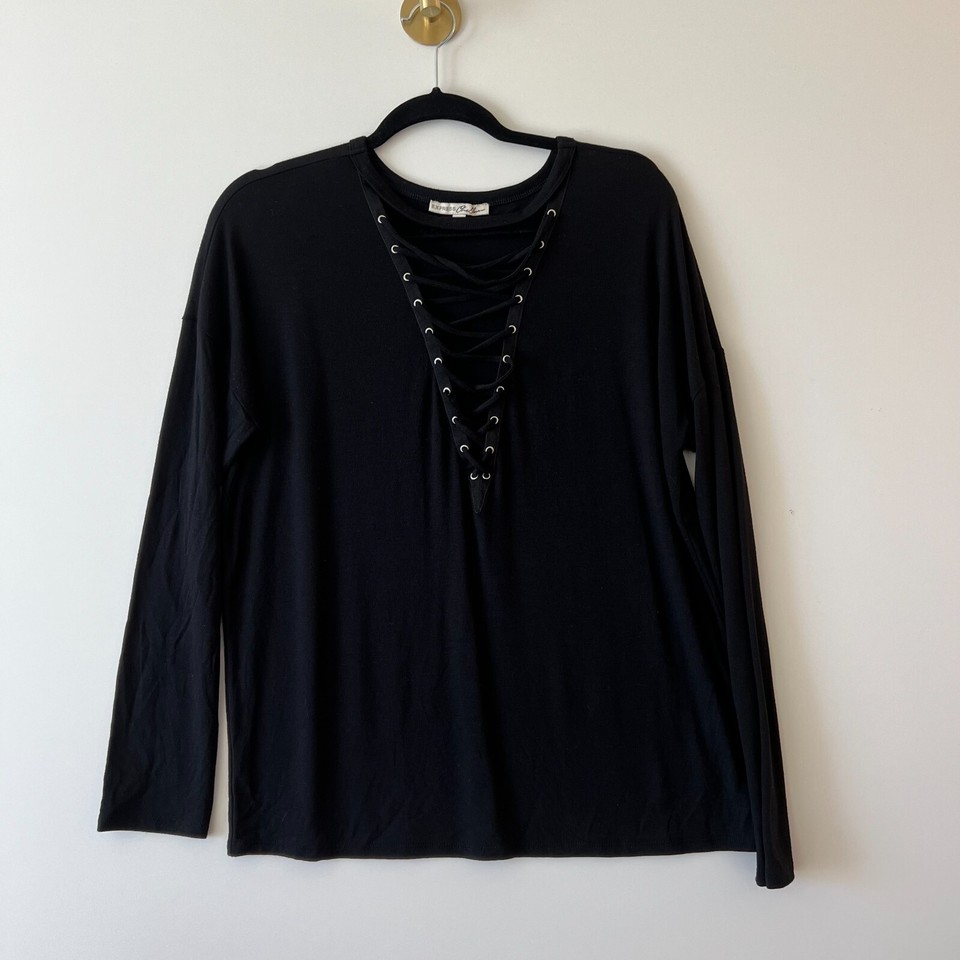 Express Shirt Womens Medium Black Criss Cross Lace Up Flowy Relaxed ...