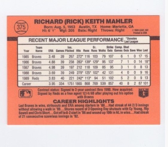 1990 Donruss Baseball card #375 Rick Mahler Reds | eBay