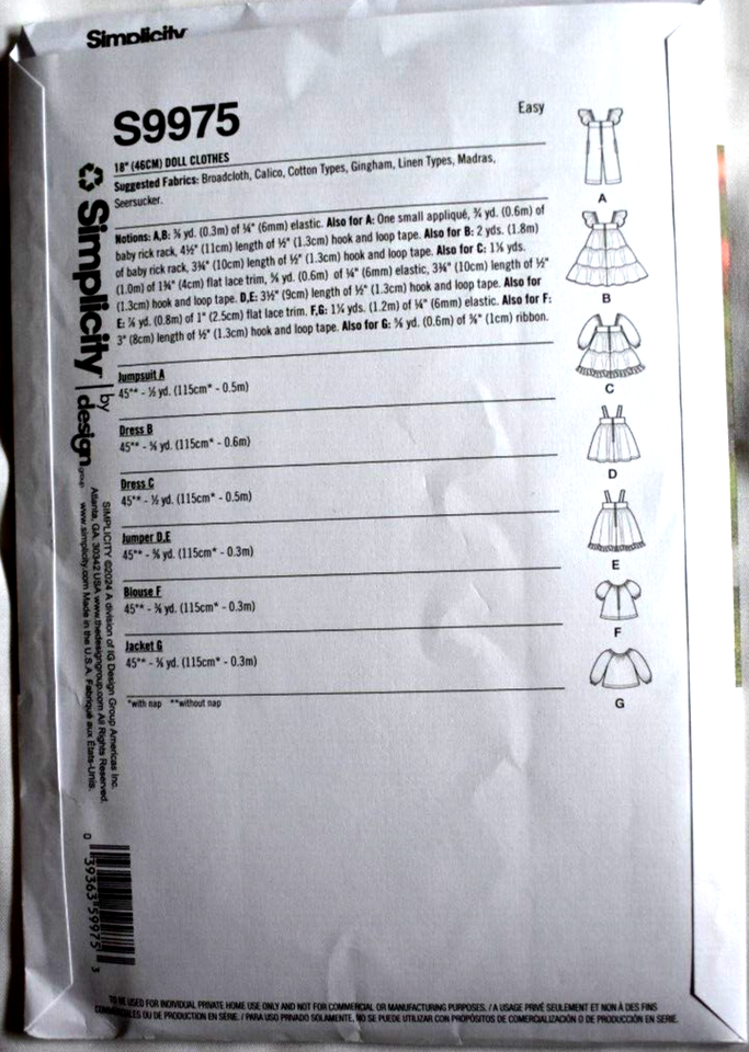 SIMPLICITY PATTERN 9975 DRESS JUMPSUIT JUMPER JACKET 18" DOLL CLOTHES ...