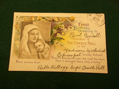 #57, EXCELLENT VTG ANTIQUE 1910 COLOR POSTCARD "BIRTH ANNOUNCEMENT ...