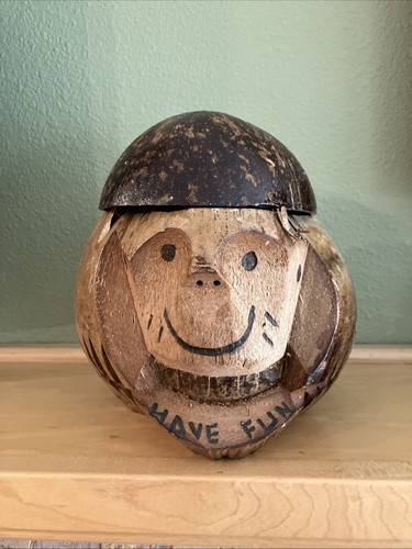 Vintage “Have Fun” Hand Carved Coconut Monkey Coin Bank Hand made ...