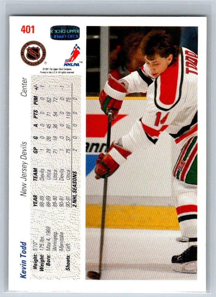 1991-92 Upper Deck #401 Kevin Todd New Jersey Devils Rookie Hockey Card ...