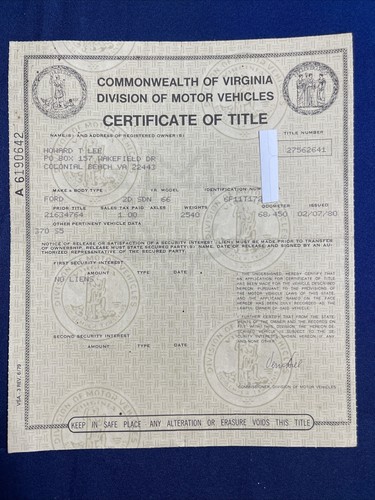 1966 Ford 2 Door Sedan Certificate Historical Document Virginia | eBay