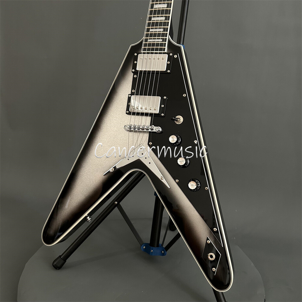 Silverburst V Electric Guitar Black and Silver String Thru Body Solid ...