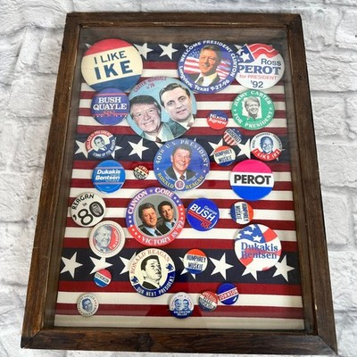 Lot of 28 Political Pins in Display Case Carter Ike Perot Dukakis ...