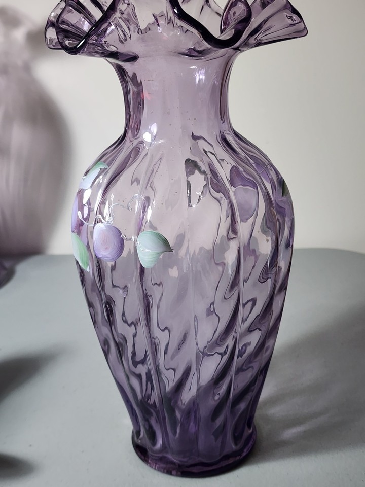 Fenton Purple Glass Vase Hand Painted 11" | eBay