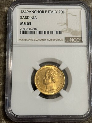 1849A Sardinia, Charles Albert I. Gold 20 Lire Coin. NGC MS63! 100000 ...
