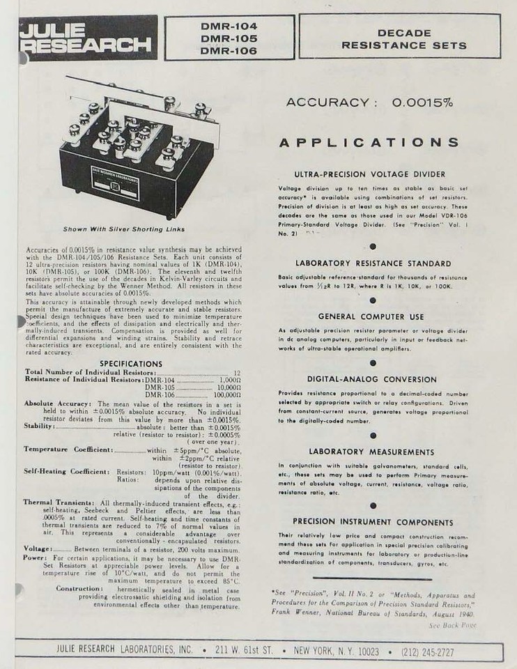 Julie Research Labs DMR-104 1 Kohm/Step Precision Resistance Standard ...