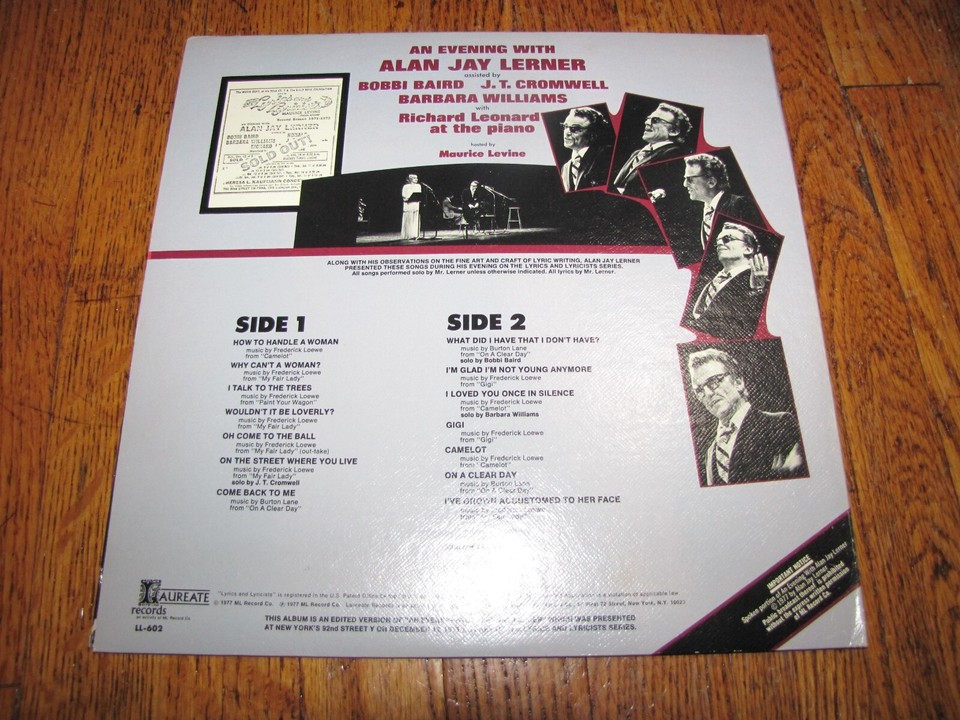 AN EVENING WITH ALAN JAY LERNER LYRICS AND LYRICISTS SERIES LAUREATE ...