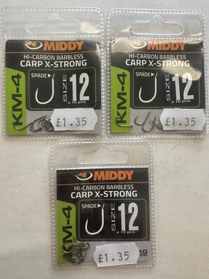 Job Lot MIDDY KM-4 Carp X-Strong Spade Hooks (10pc pkt) / Size 12 / 3 ...