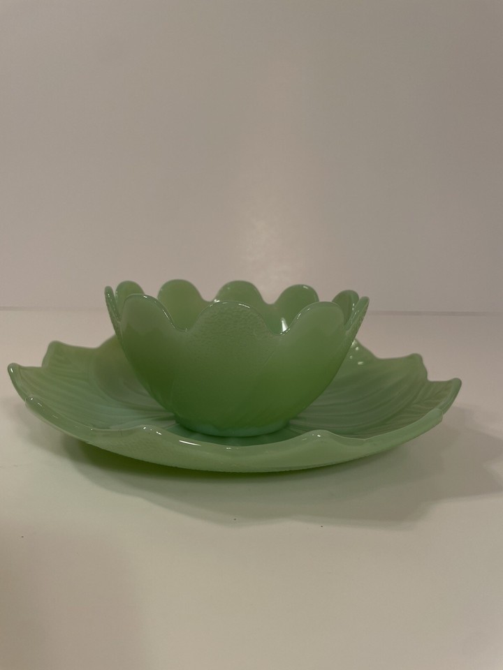 Vintage Fire King Jade Jadeite Glass Lotus Leaf & Blossum Plate & Bowl ...