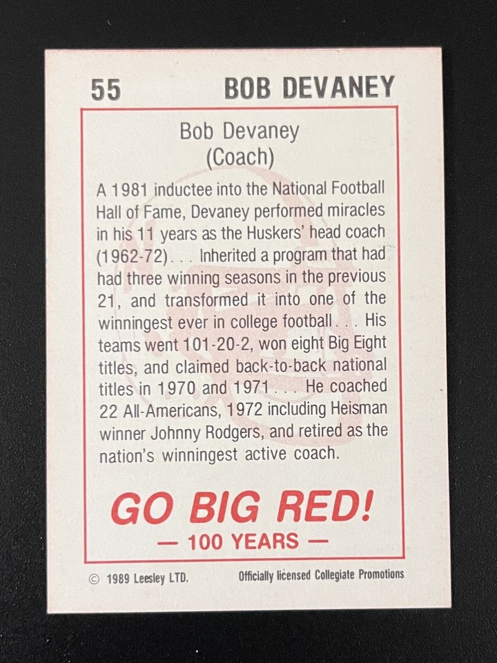 1989 Leesley Nebraska Cornhuskers Go Big Red #55 Bob Devaney | eBay
