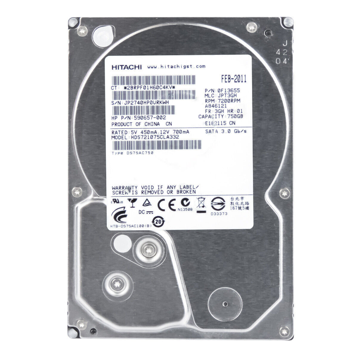 Hitachi HDS721075CLA332 750GB HDD, Internal, 7200 RPM, 3.5" (590657-002 ...