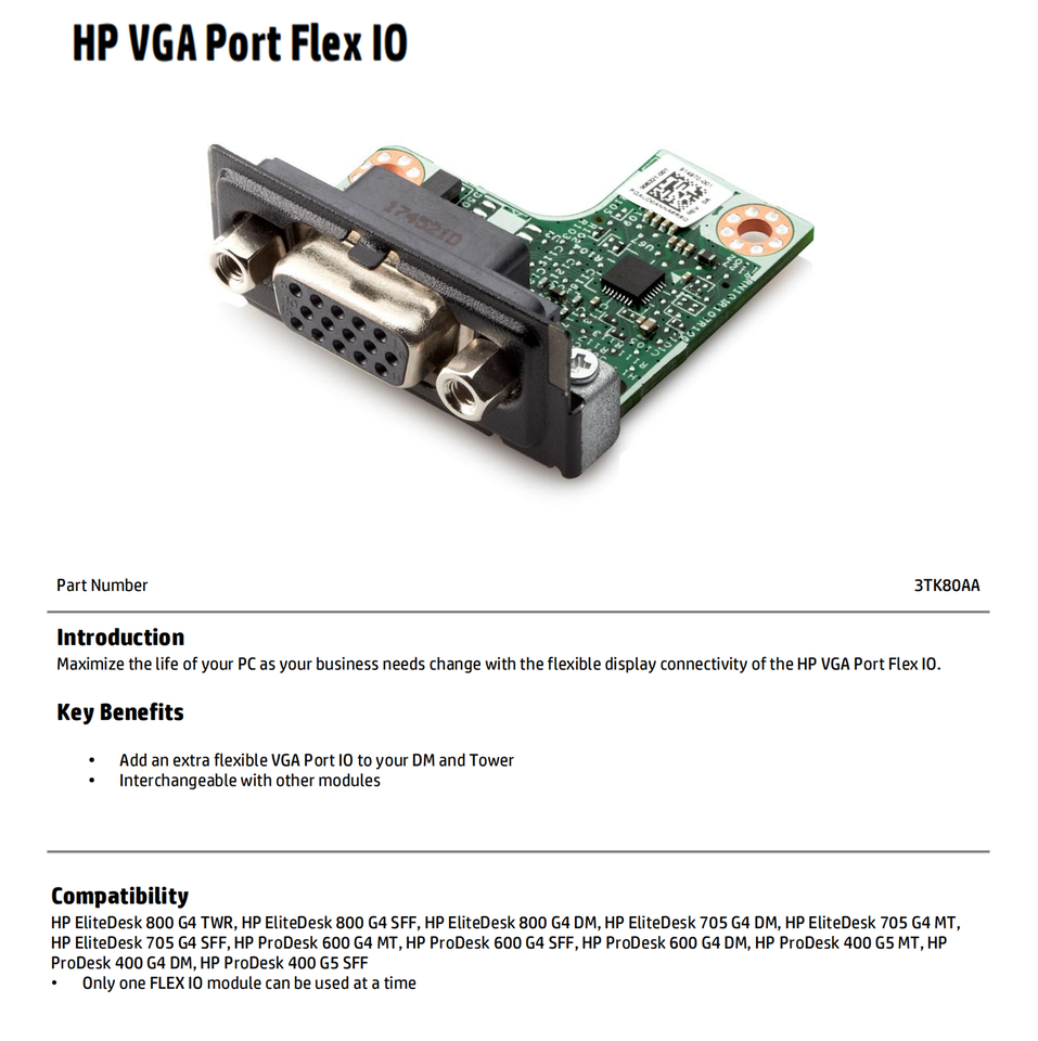 HP Flex IO Card DisplayPort HDMI VGA RS232 Port for EliteDesk 800 G4 ...