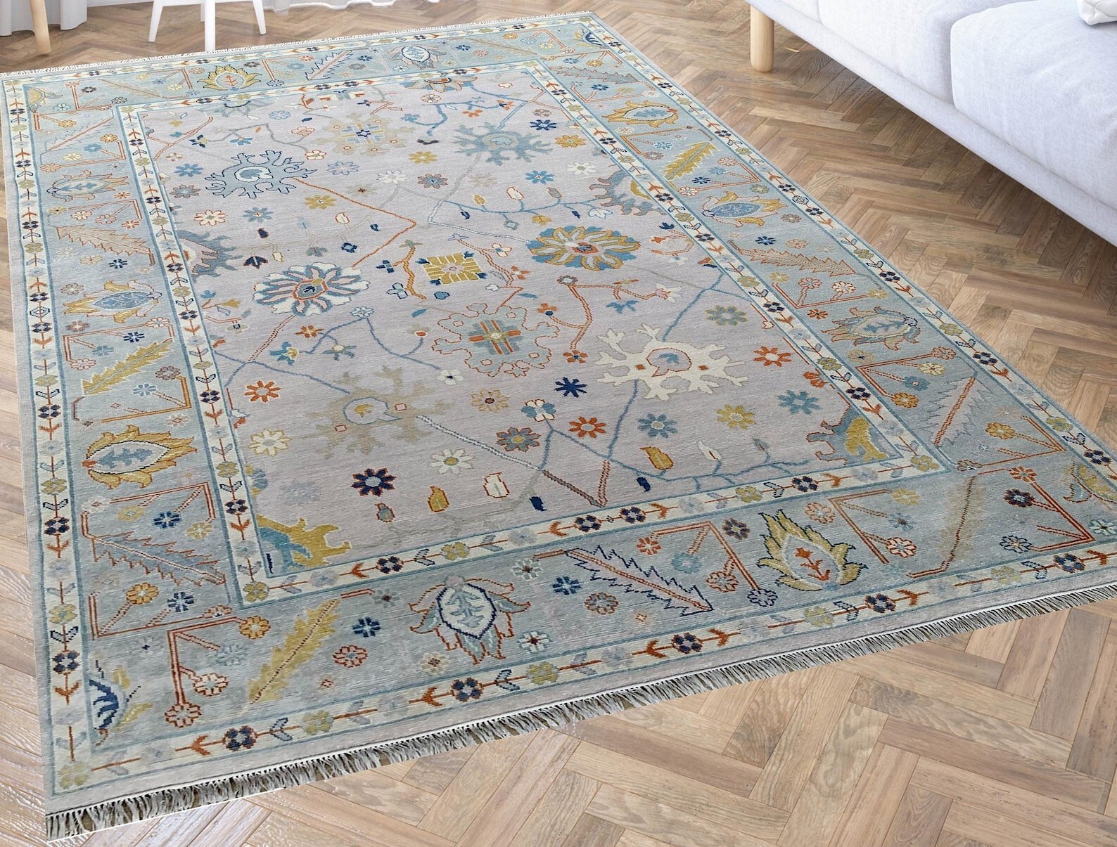 Blue Geometric Oushak Turkish Oriental 5x8 ft Area Rug Hand-knotted ...