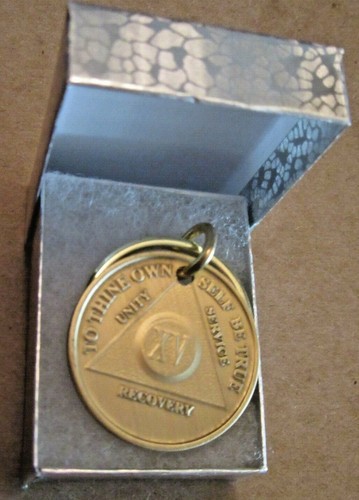 Alcoholics Anonymous AA 15 year Bronze Keychain Medallion Token Coin ...