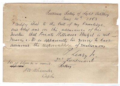 Civil War Baltimore Light Artillery MD Peter Leary signed Document | eBay