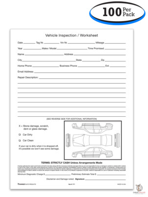 Vehicle Inspection Worksheet (Form #AVW) Car Damage Report (1 Pad of ...