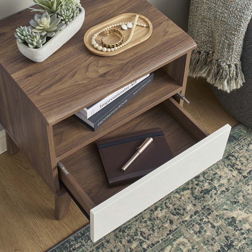 Modway Envision Mid-Century Modern End Table Nightstand in Walnut White ...