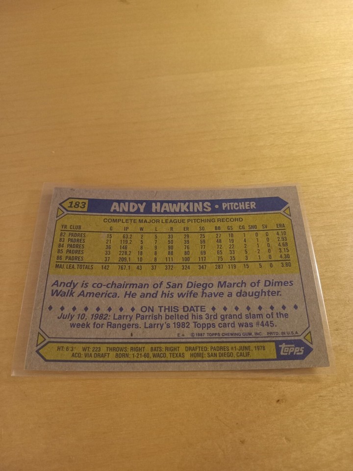 1987 Topps #183 ANDY HAWKINS San Diego Padres Baseball Card, Pitcher ...