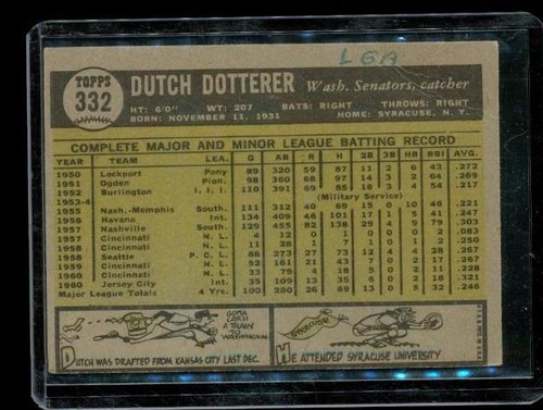 Vintage 1961 TOPPS Baseball Trading Card #332 DUTCH DOTTERER Washington ...