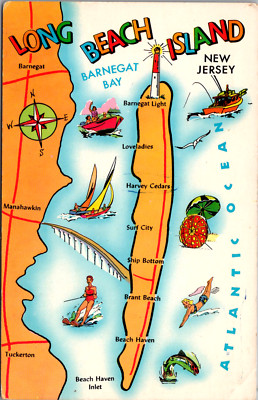 Long Beach Island New Jersey Map Cartoon Drawing Postcard | eBay