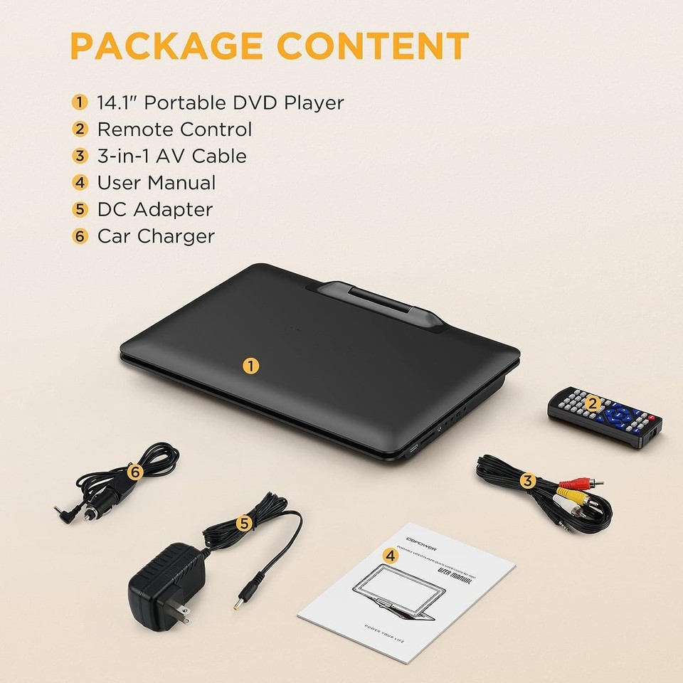 TENKER 16.9"Portable DVD Player 14.1"Swivel Screen 6 Hours Rechargeable ...