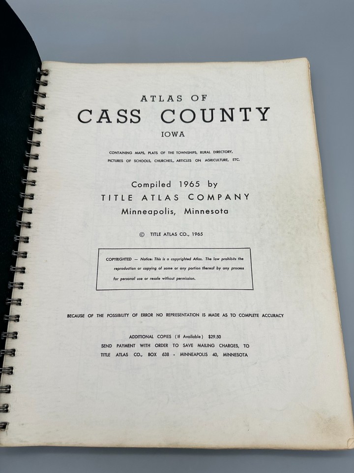 Cass County Iowa Atlas 1965 Title Atlas Company! | eBay