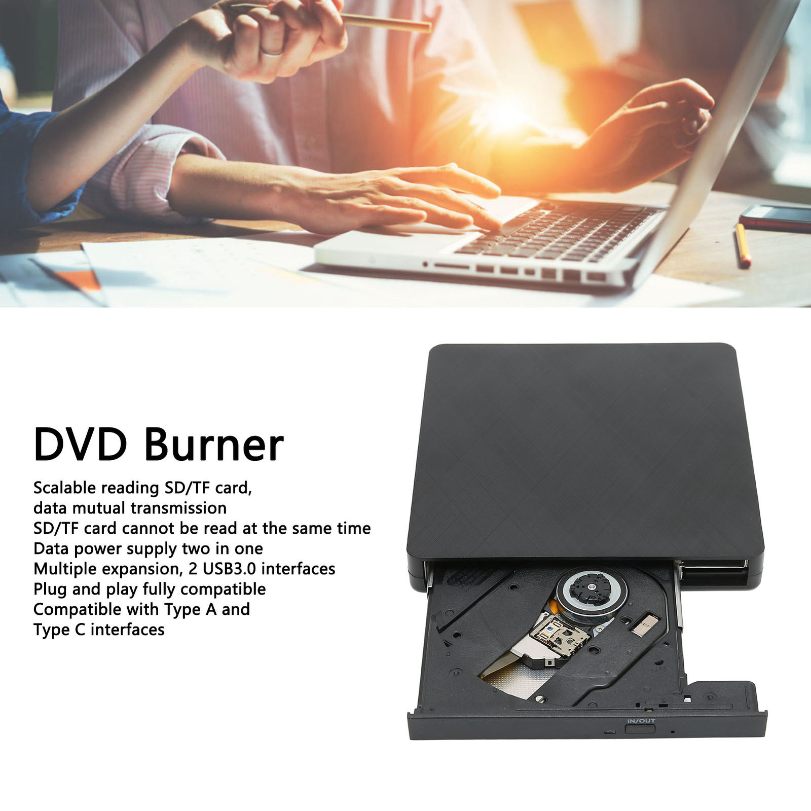 DVD Burner Data Power Supply 2 In 1 USB3.0 Ports Mobile External CD DVD ...