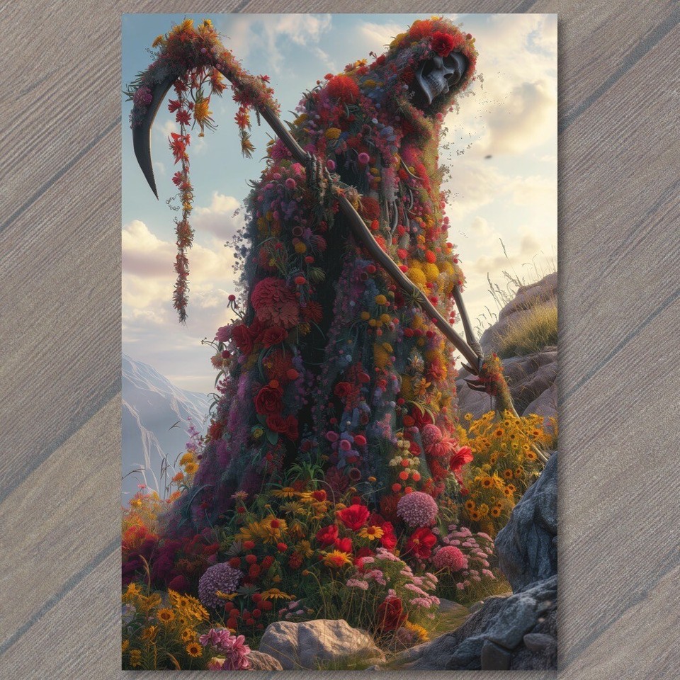 8.5x11" Grim Reaper Flowers Weird Strange Sky Colorful Unusual Skeleton ...