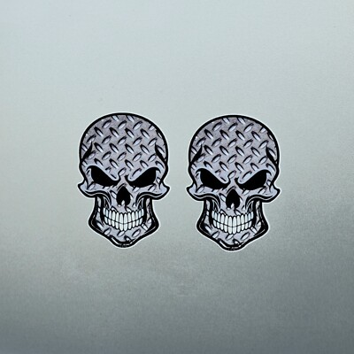 2x Metal Chequer Plate Effect Biker Skull Vinyl Sticker Decal For Car ...