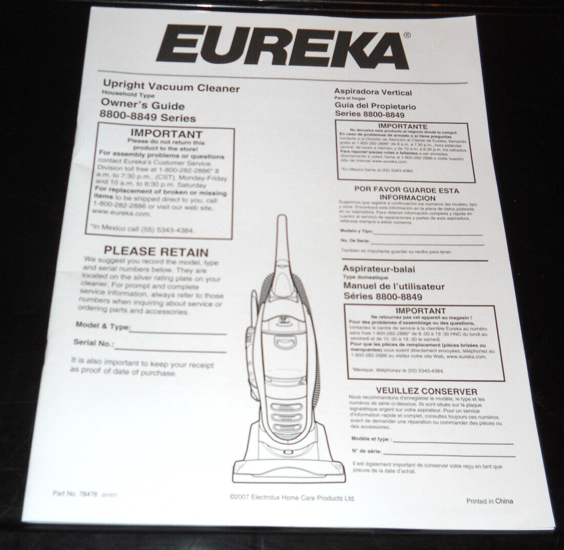 Eureka manual - upright vacuum cleaner - 8800 - 8849 series 2007 | eBay