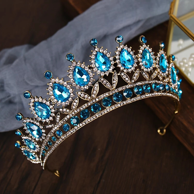 Vintage Silver Blue Crown Tiara real metal gift birthday diadem Aqua ...