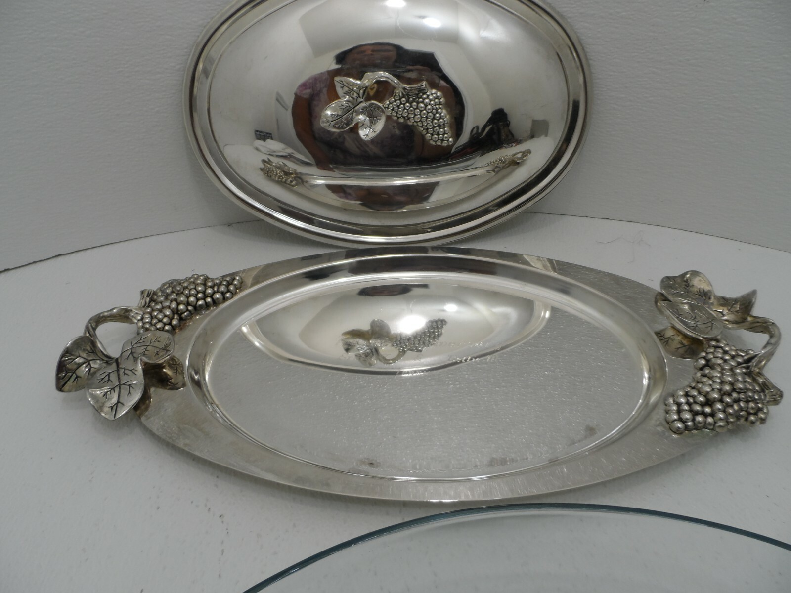 Silver Grapes/Leaves Serving Tray w/Cover and Marinex Glass Insert 19 ...