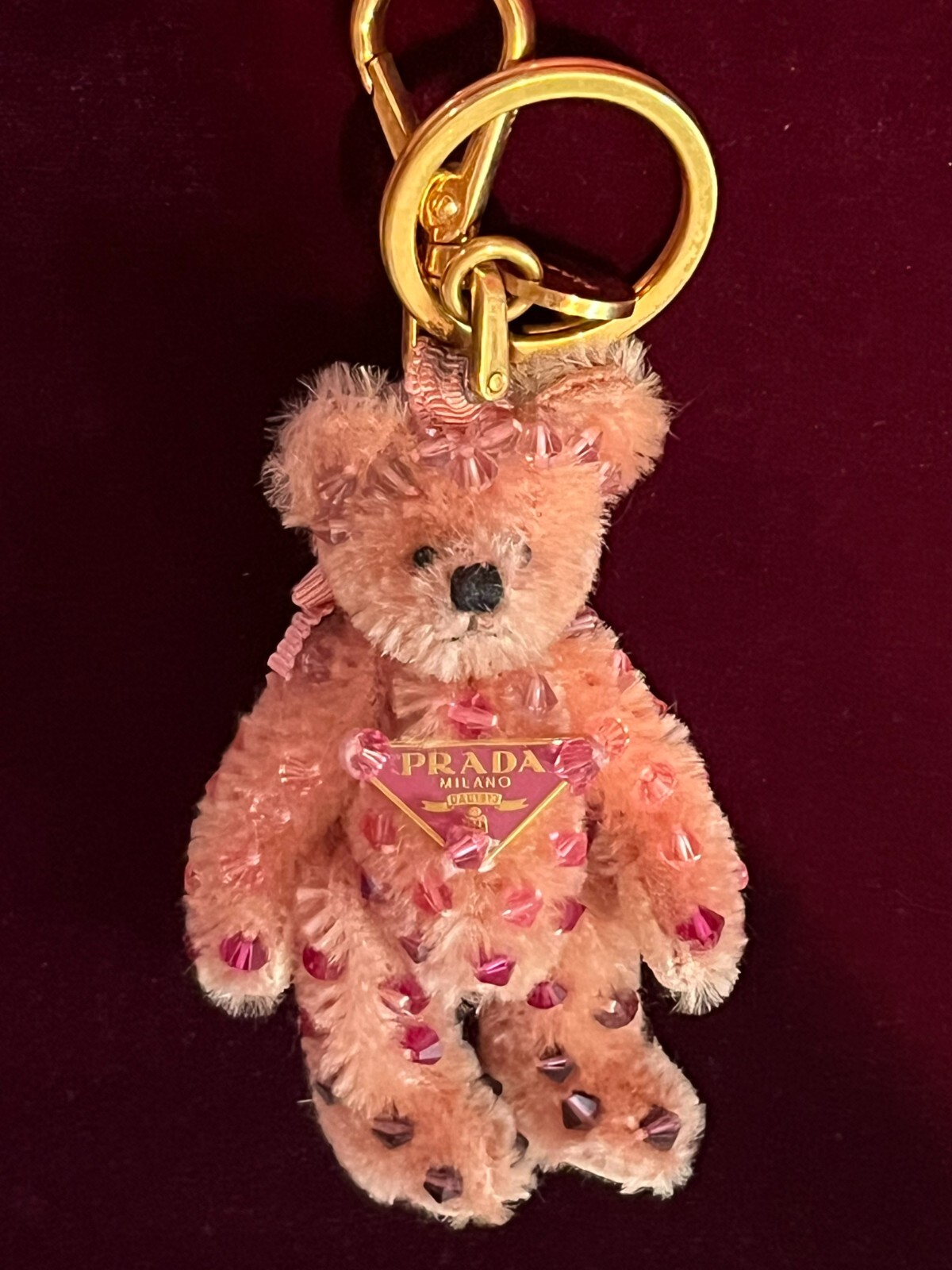 PRADA Key ring Key holder chain Bag charm AUTH Bear Pink Logo Plate ...