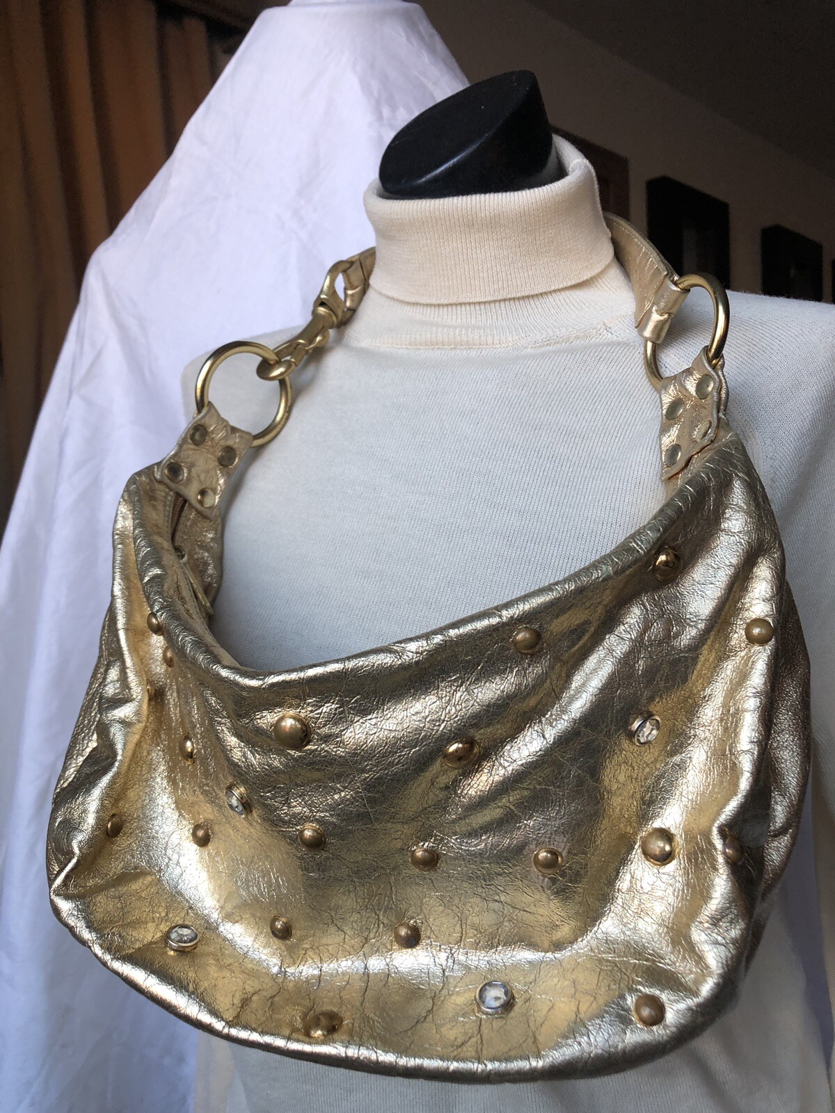 Kiki Pearl Hobo Bag - Gold Metallic with Rhinestones & Metal Studds ...
