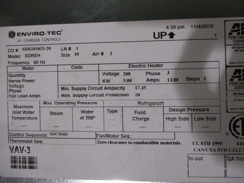 *NEW* ENVIRO-TEC / JOHNSON CONTROLS SDR-EH SIZE 10 ELECTRIC HEATER 3-PH 208V | eBay