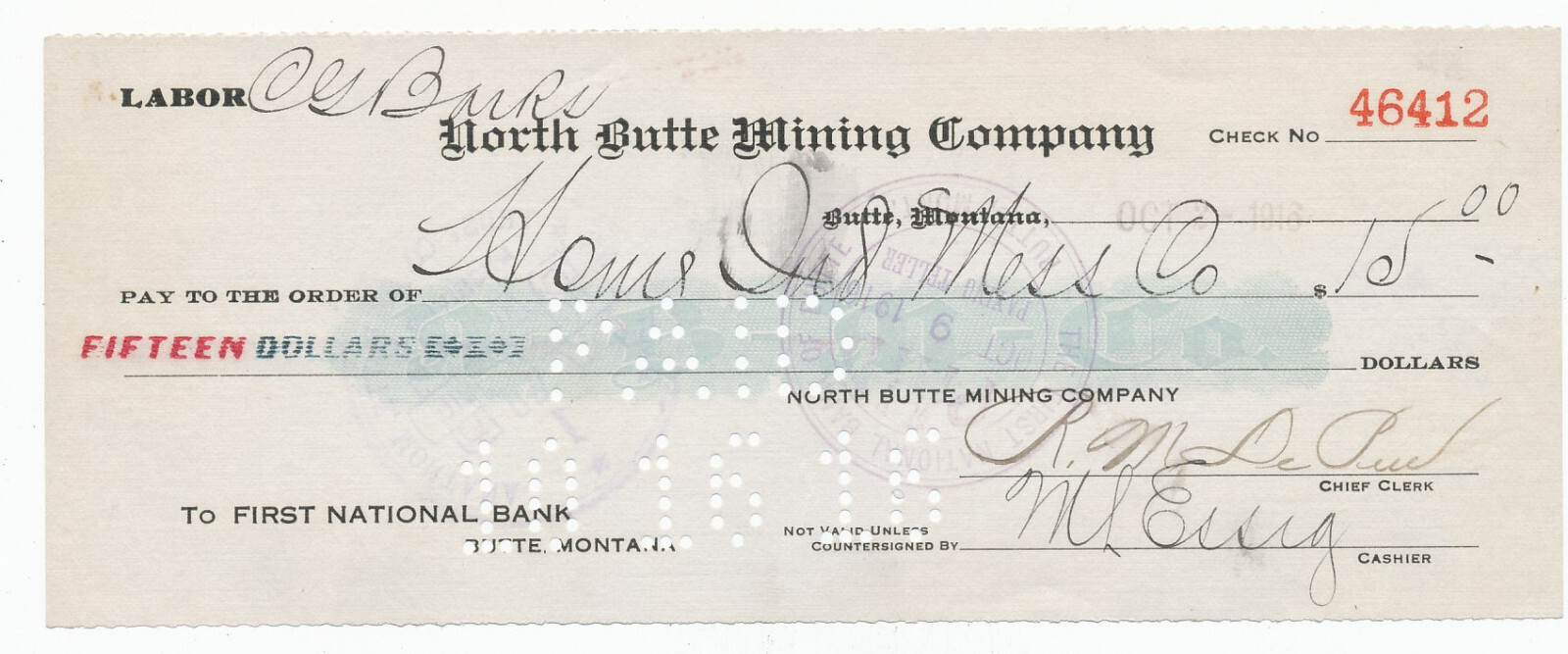 MT * North Butte Mining Co. 1916 Check 1st National Bank Z | eBay