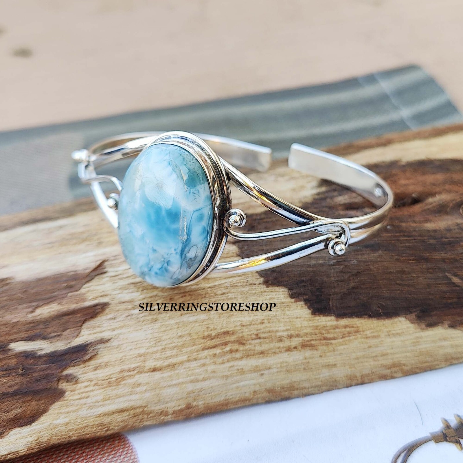 Natural Larimar Bangle Solid 925 Sterling Silver Designer Oval Larimar ...