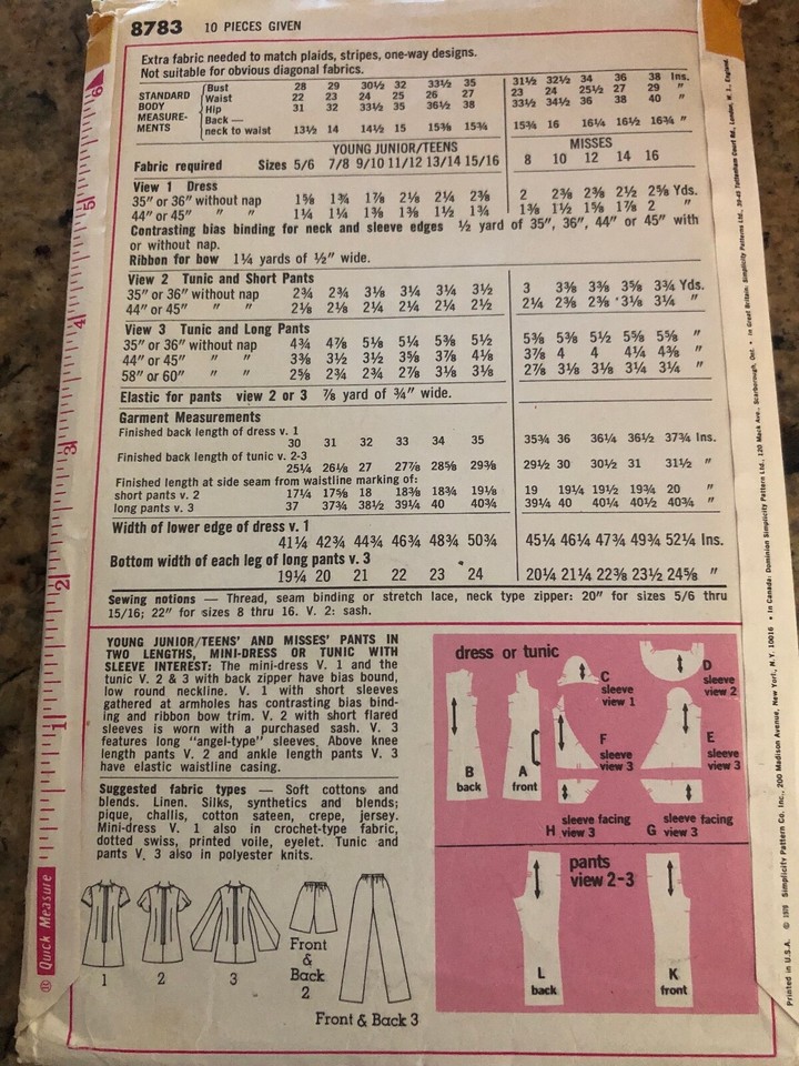 🌼 1970 SIMPLICITY #8783 - LADIES TUNIC - PANTS - SHORTS & DRESS PATTERN ...
