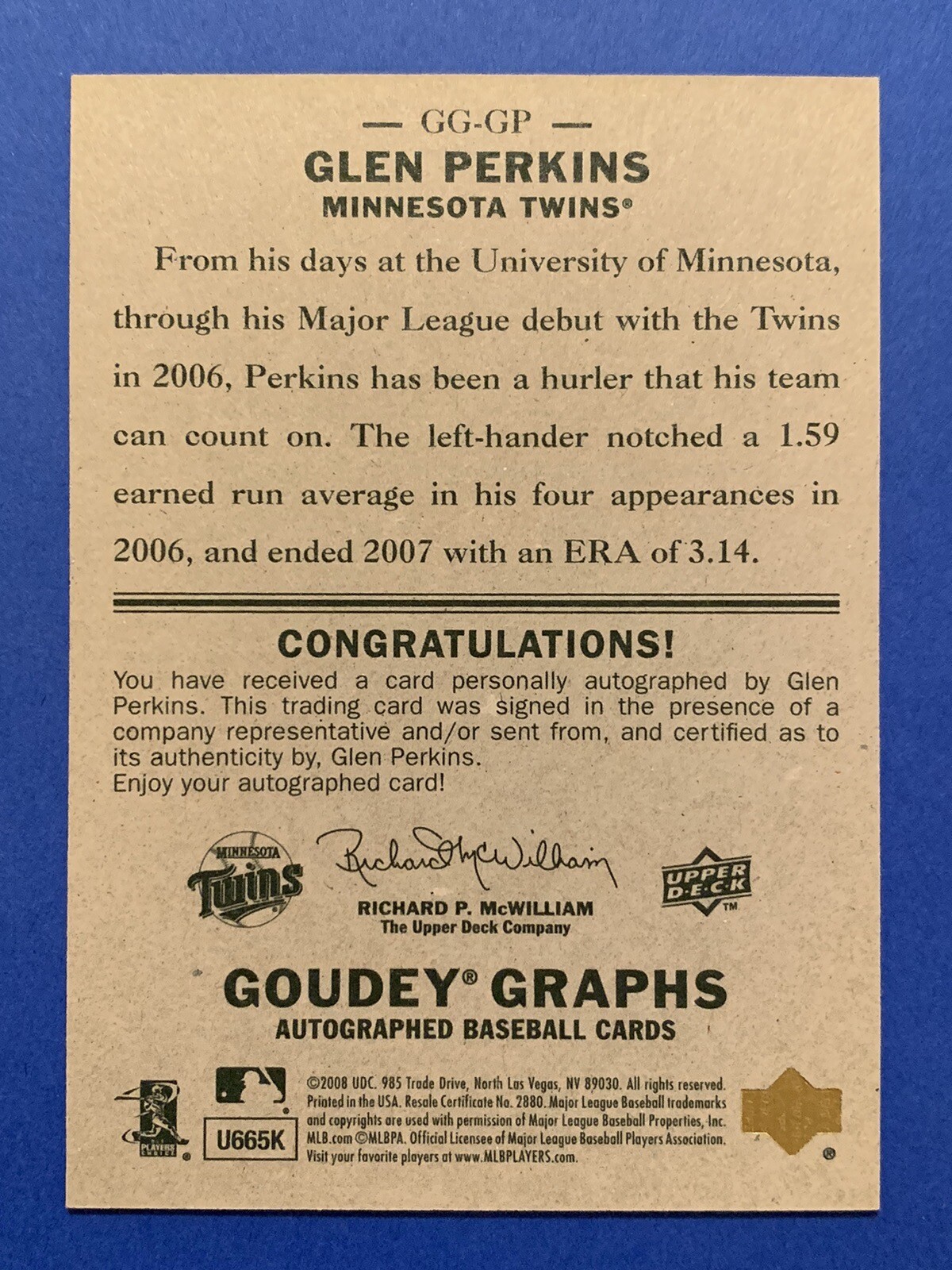 GLEN PERKINS Signed 2008 UD Goudey Graphs MINNESOTA GOPHERS-TWINS Autograph Auto | eBay