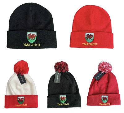 Wales Football Welsh Badge Rugby Knitted Bobble Beanie Hats Embroidered ...