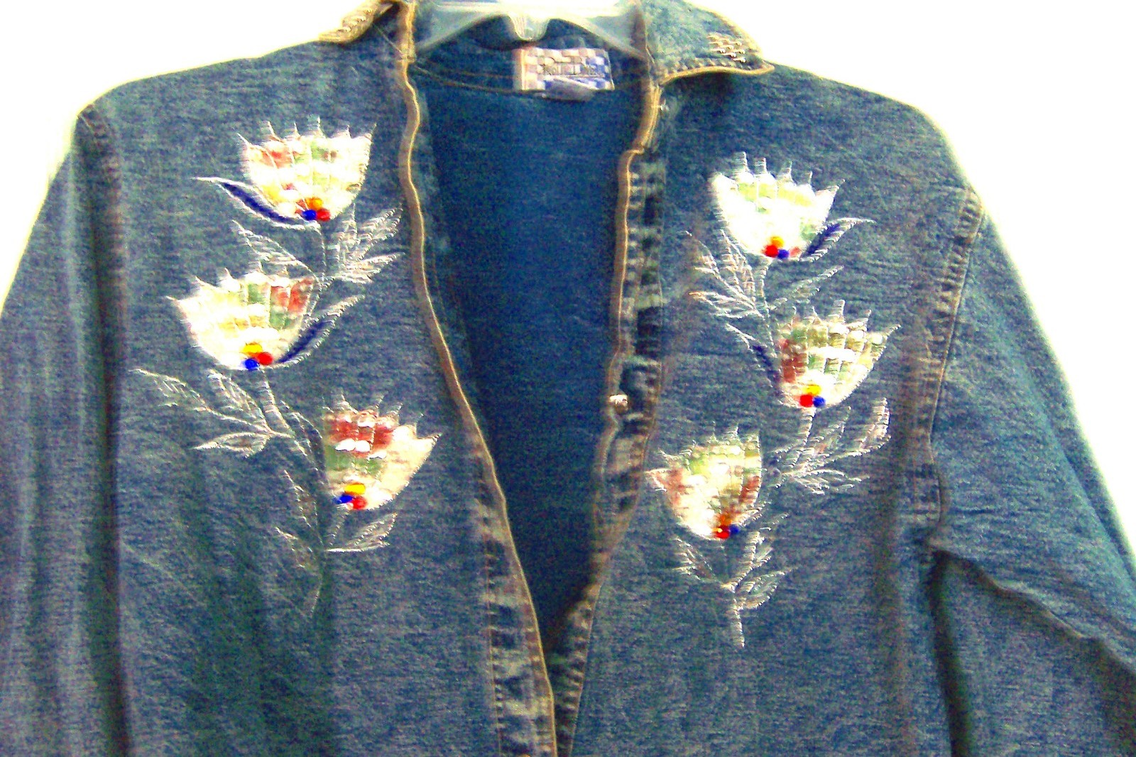 Sz S/M - Pretty Bleu Blue Jean Denim Appliqued & Beaded Long Sleeve ...