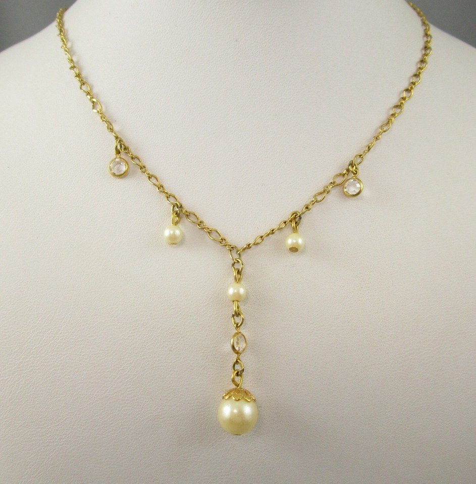 1928 Gold Tone Dangling Faux Pearls Bezel Set Glass Adjustable Necklace ...