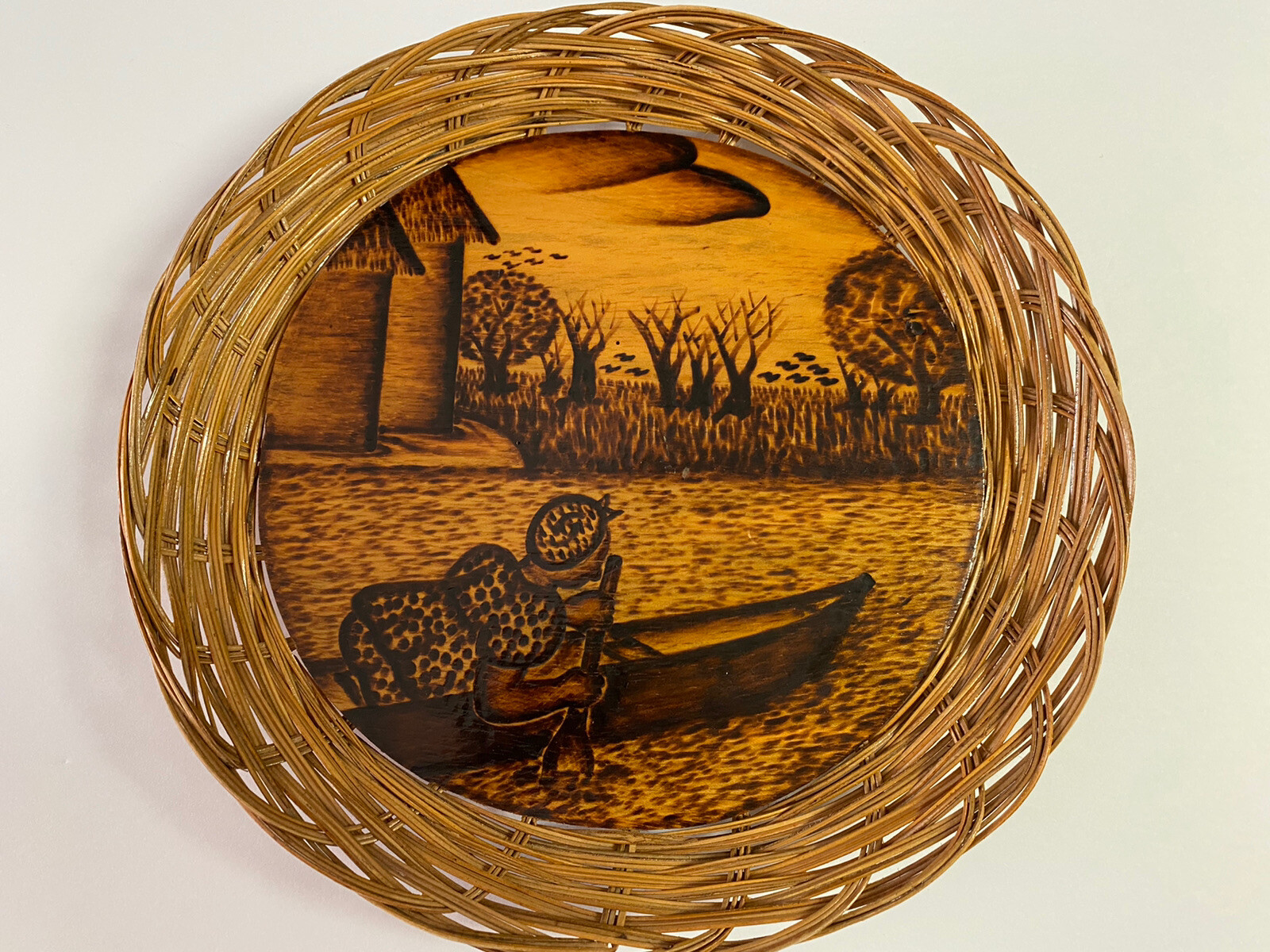 Unique Pyrography Wood Burning Art Woman in Canoe Wood & Wicker Folk ...