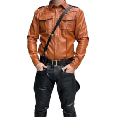 Men's Real Lamb Leather Police Long Sleeves Shirt BLUF TAN Brown Lamb ...